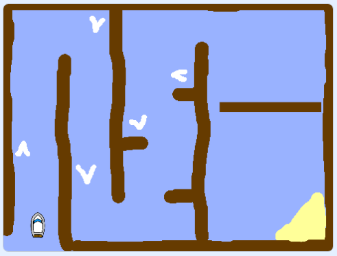 A boat sprite is positioned at the bottom left of a maze