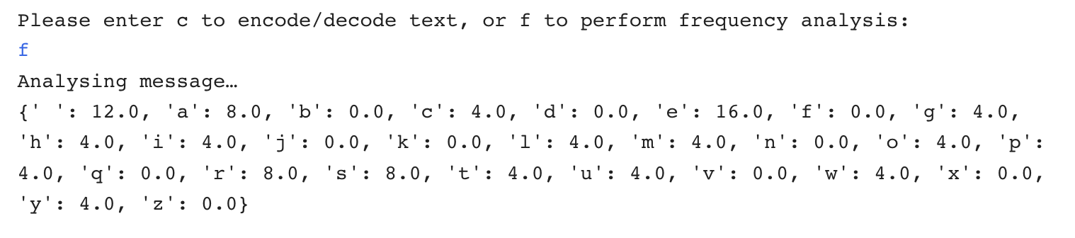 The output of a frequency analysis function as percentages.