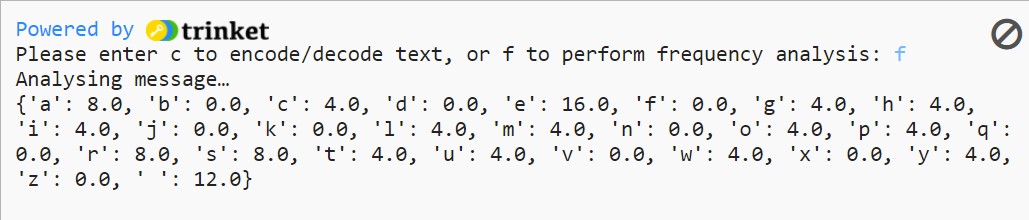 Image showing the output of a frequency analysis function as percentages.