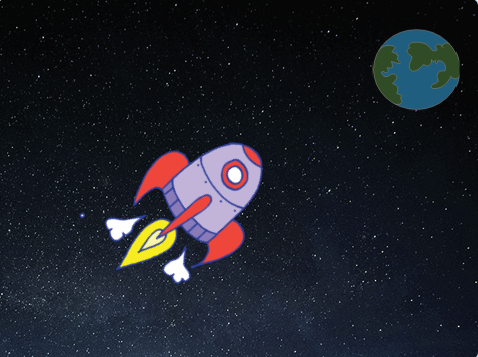 The image shows a cartoon-style rocket in space, angled diagonally ...
