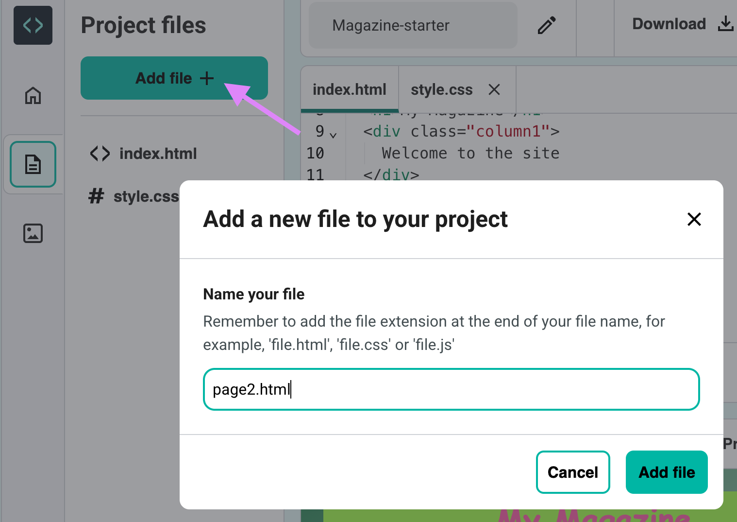 The code editor with an arrow pointing at 'add file' and a popup box ...