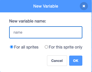 The New Variable pop up window with text input 'name'.