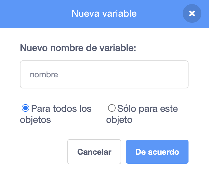 La ventana emergente Nueva variable con la entrada de texto 'nombre'.