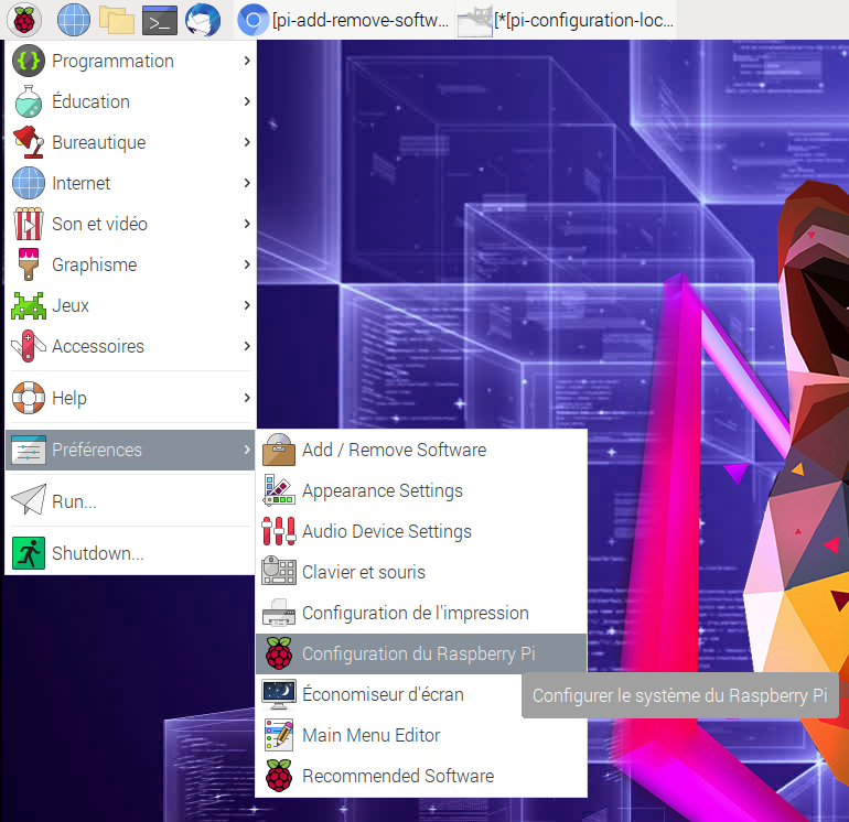menu de configuration pi