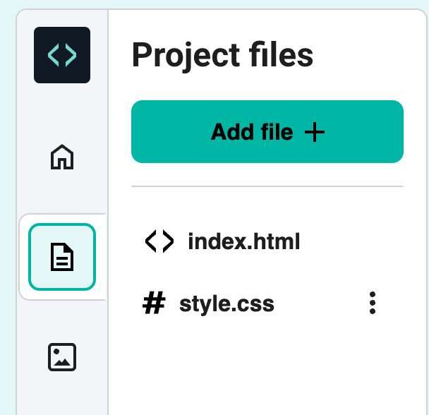 Sidebar of the code editor showing two files - index.html and style.css
