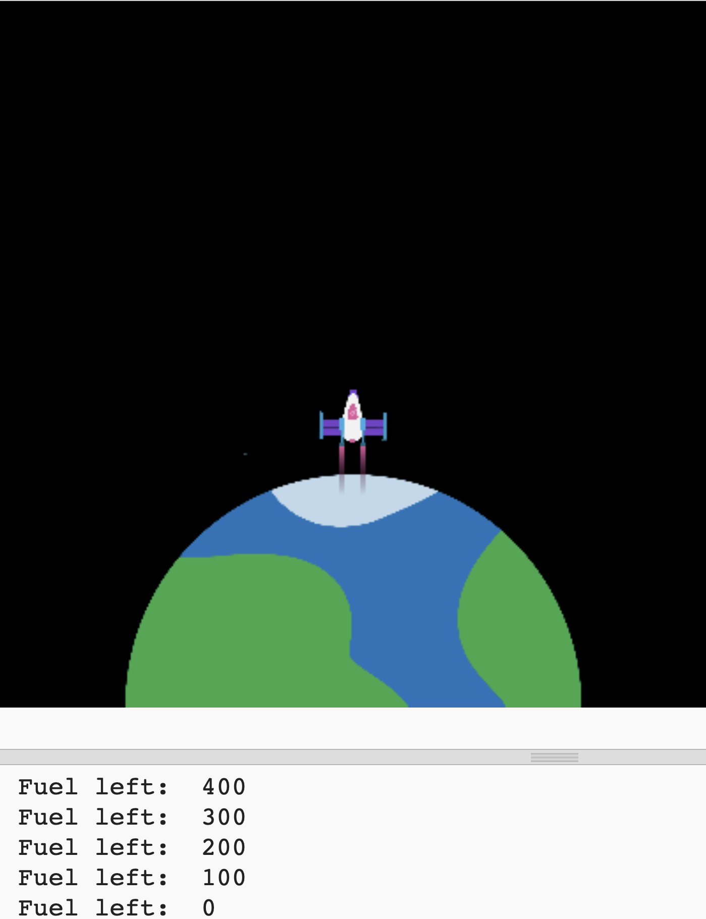 Image of a rocket in the middle of the screen with the statement 'Fuel ...