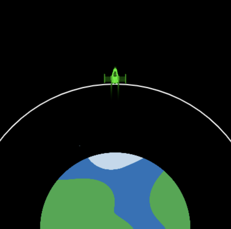 Un cohete verde que ha alcanzado el círculo orbital y le queda combustible.