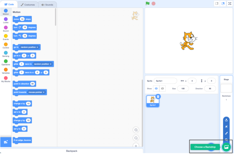 The Scratch editor with 'Choose a Backdrop' highlighted in the bottom ...