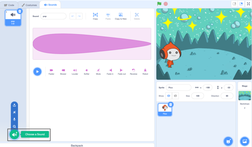 The Scratch editor with 'Choose a Sound' highlighted.