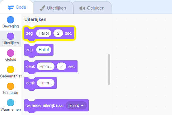 De 'zeg Hallo! voor 2 seconden' blok licht op met een gele omtrek.