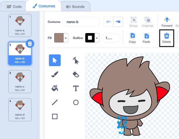 The nano-b costume with the arm selected.