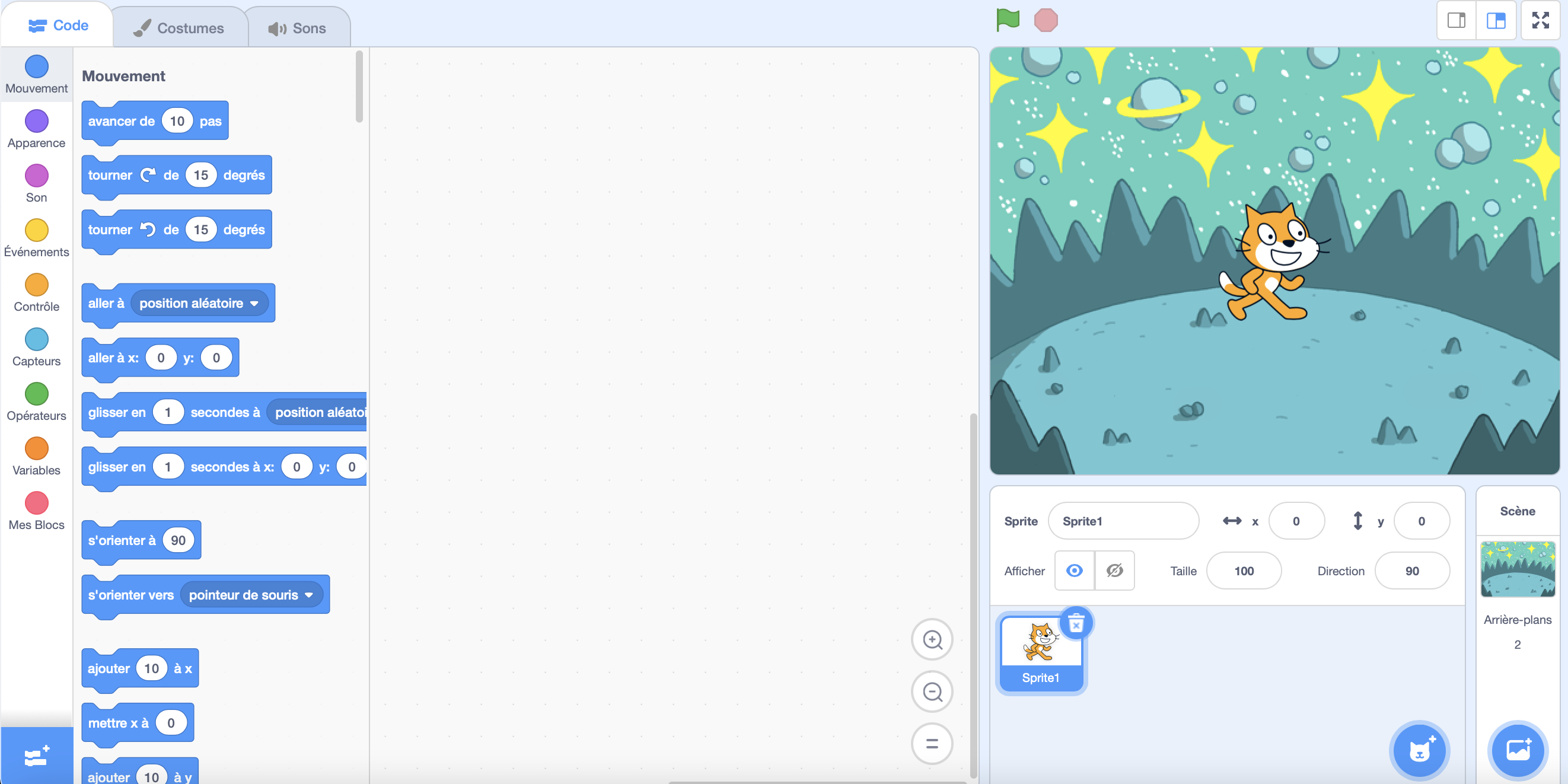L'éditeur Scratch avec l'arrière-plan Espace ajouté.