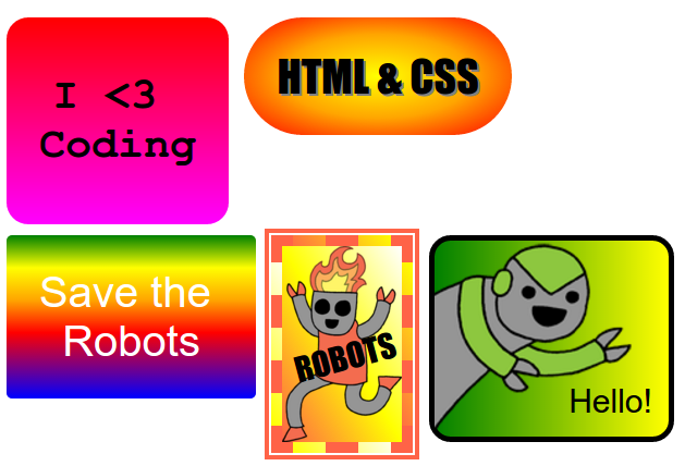 A group of five colourful digital stickers.